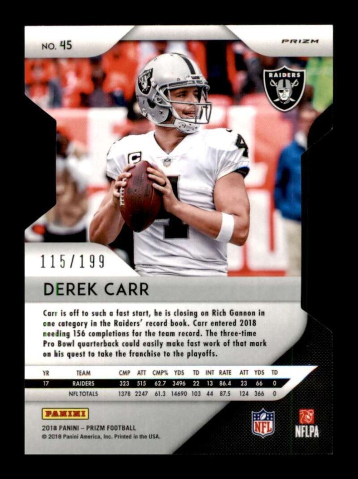 2018 Panini Prizm Light Blue Prizm Die Cut Derek Carr #45 SP /199 ...