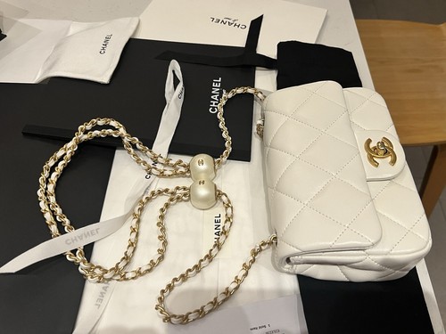 CHANEL 24S Pearl Crush Maxi Mini Flap Bag Lambskin White Gold Crossbody ...