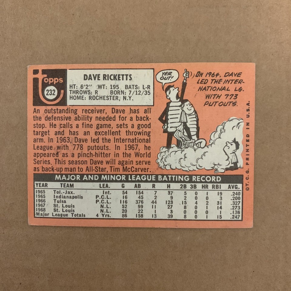 1969 Topps Dave RIcketts # 232 St. Louis Cardinals Baseball Card STL | eBay
