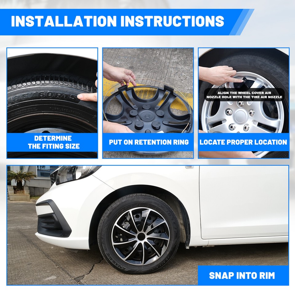 15" Set Of 4 Silver&Black Wheel Covers Snap On Hub Caps Fit R15 Tire ...