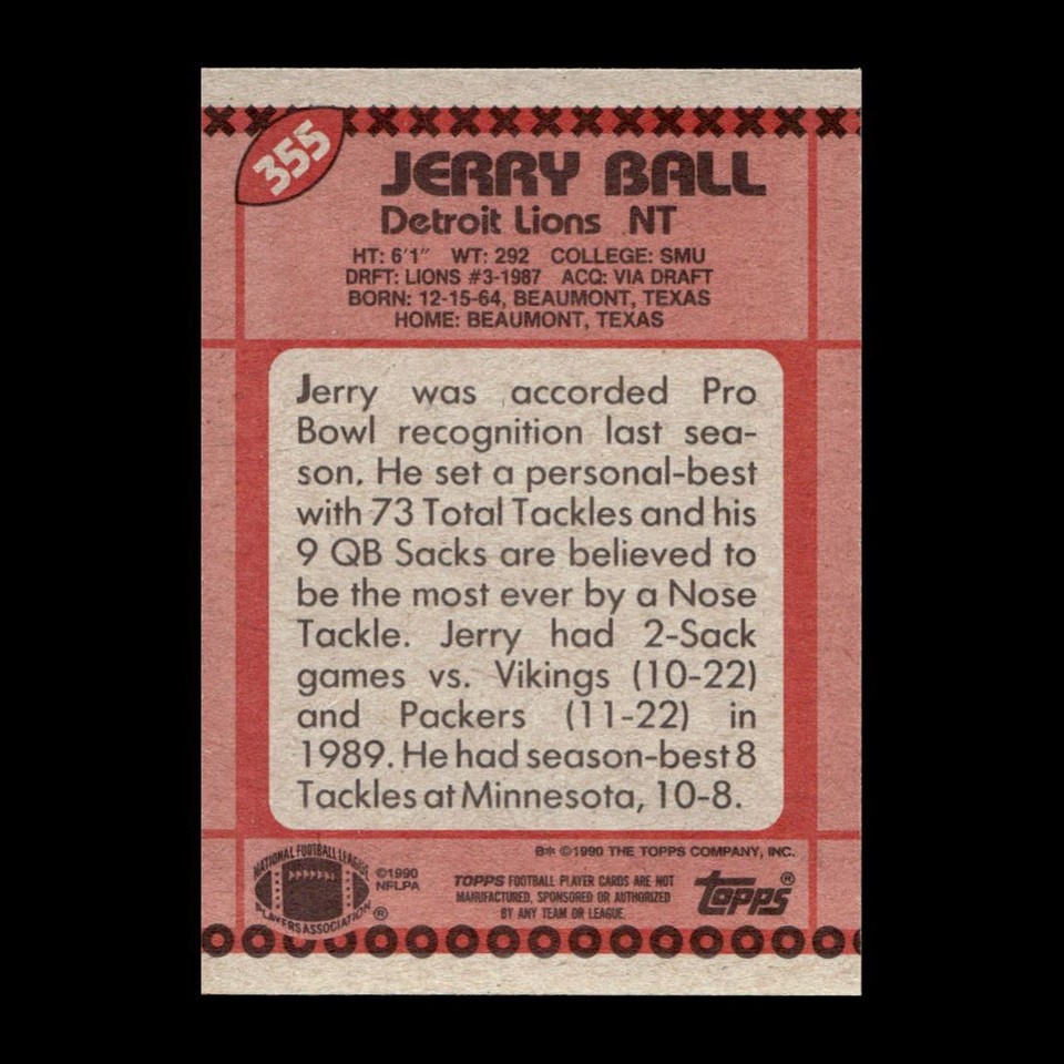 Jerry Ball 1990 Topps Detroit Lions #355 R329K 52 | eBay