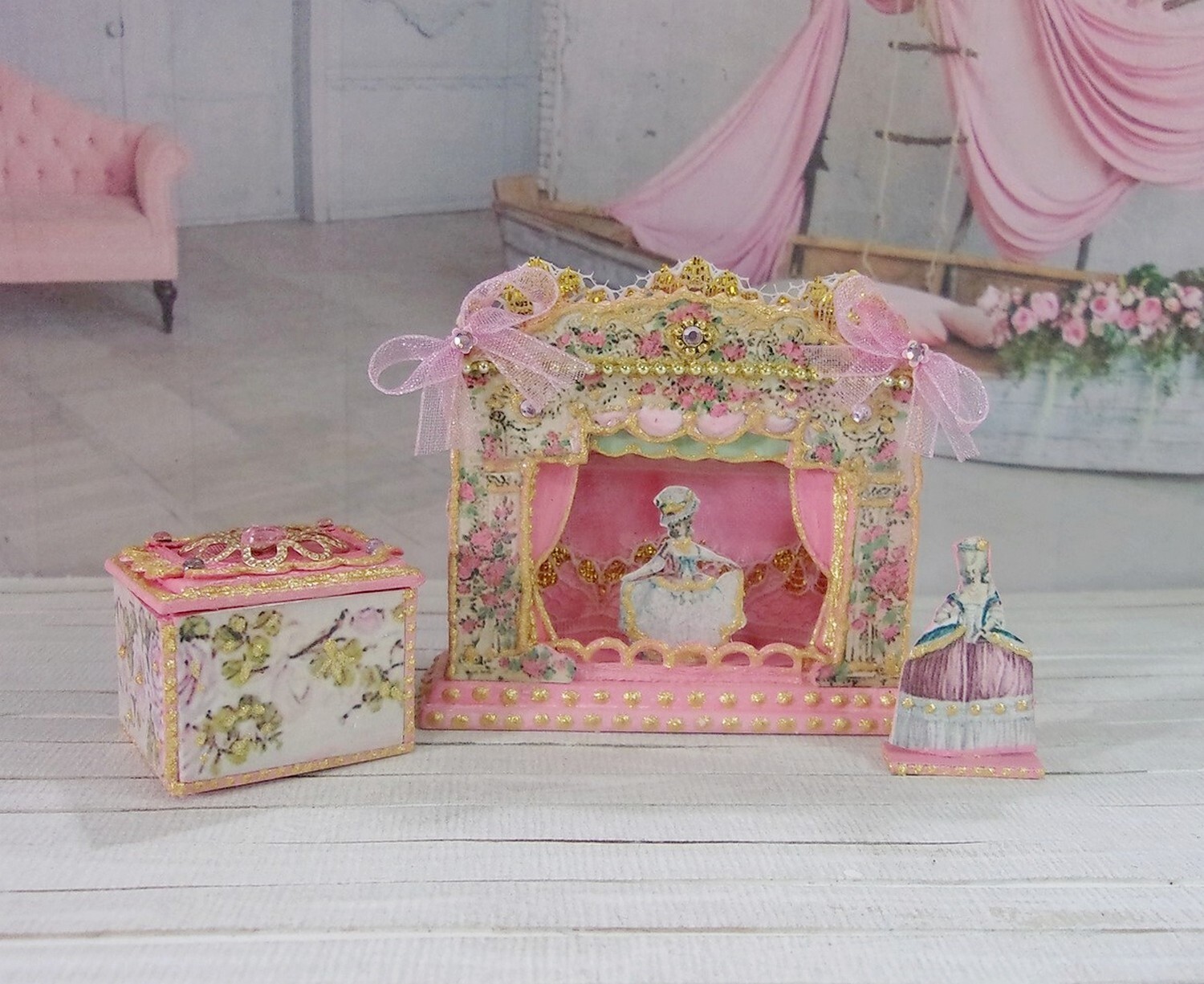Puppet Theater Dollhouse Miniature Scale 1:12 Paper Doll on stand Box ...