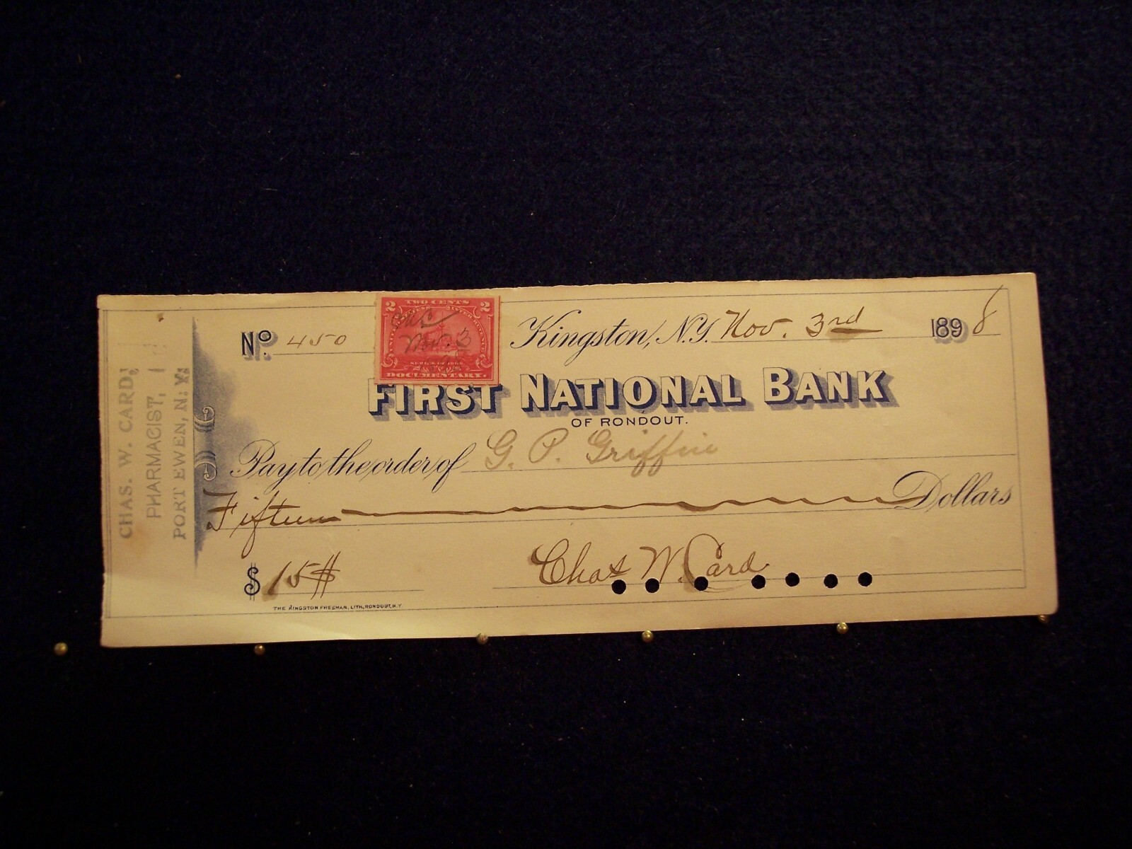 1898 BANK DRAFT CHECK FIRST NATIONAL BANK RONDOUT N. Y. CHAS. CARD PORT ...
