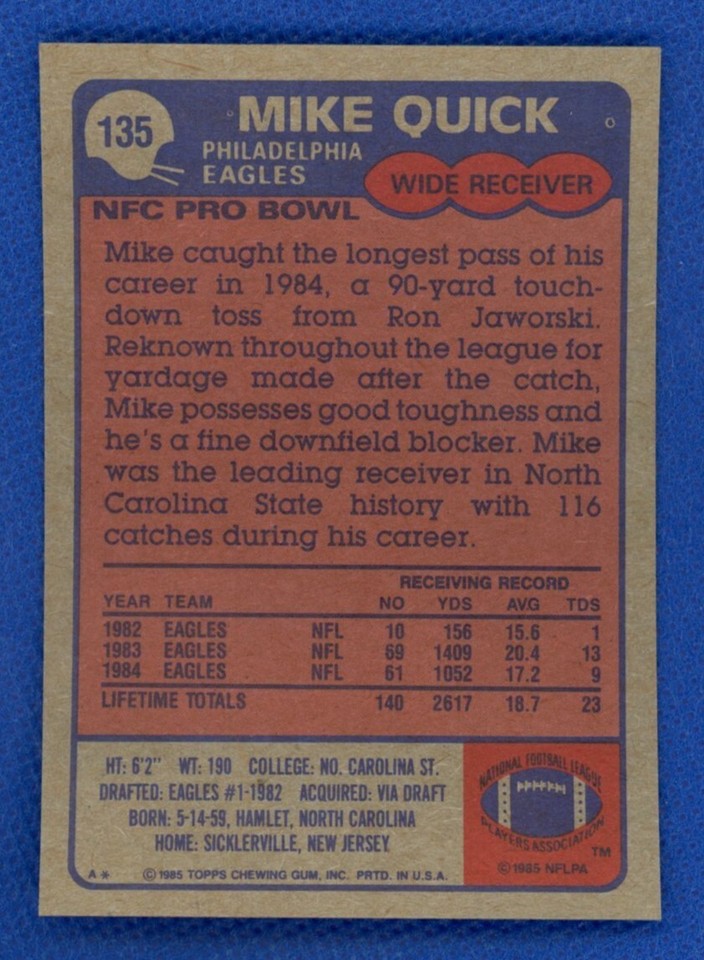1985 Topps Football Set Break # 135 Mike Quick Eagles Near Mint Combine ...