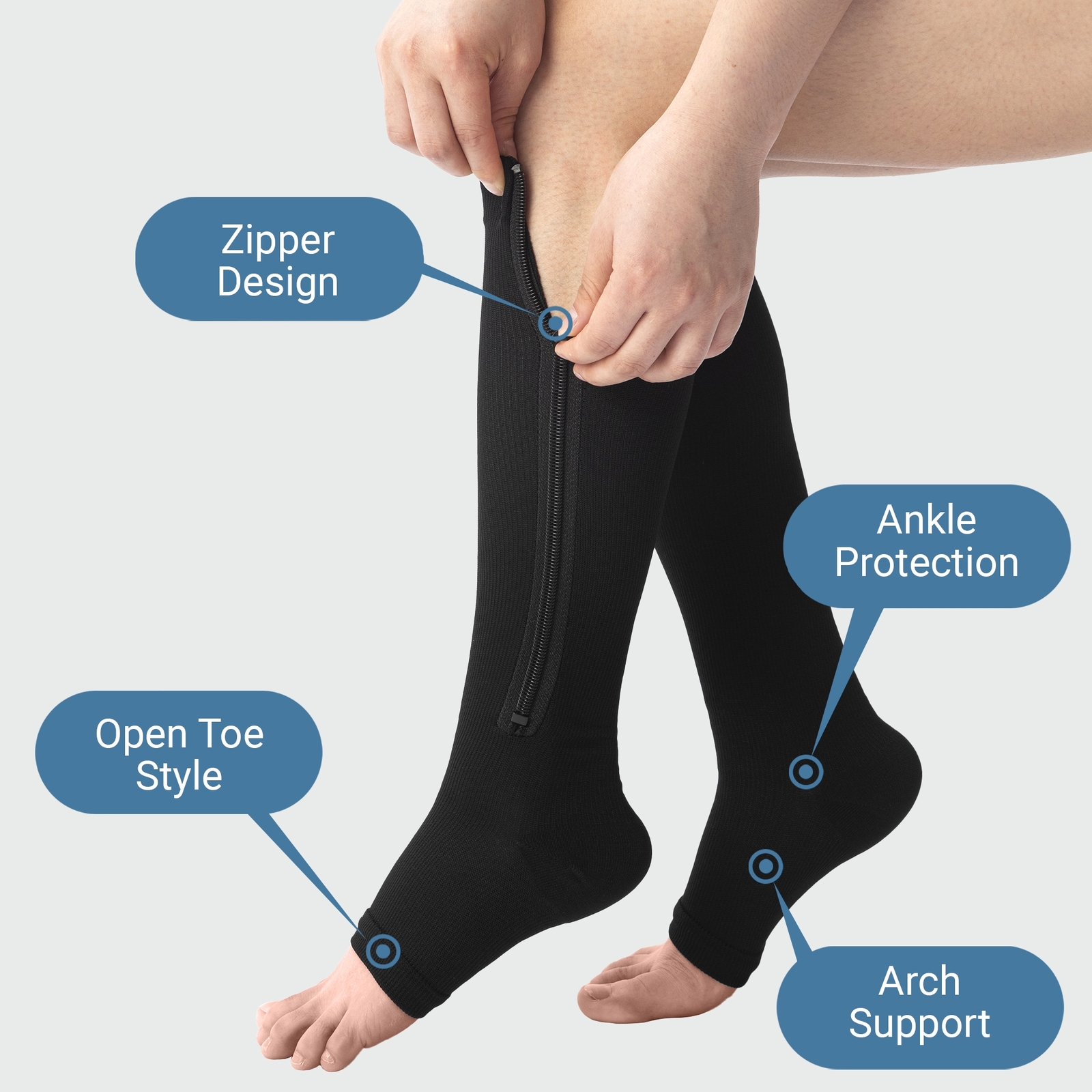 2 x Zip Up Compression Socks High Leg Support Slimming Open Toe ...
