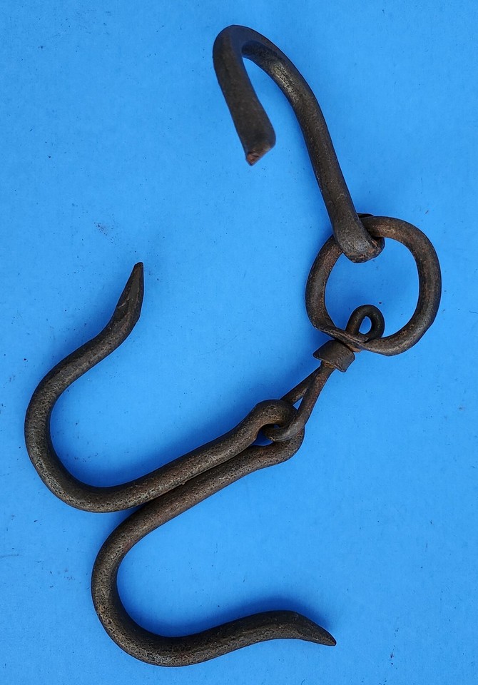 VINTAGE IRON DOUBLE BUTCHER HOOKS MEAT HANGER PRIMITIVE RUSTIC ...