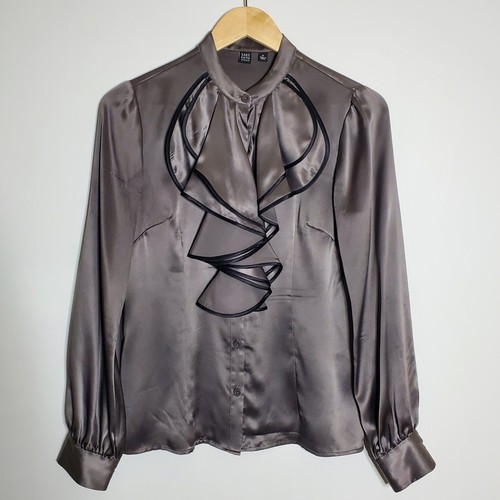 Saks Fifth dark Gray Ruffled 100% Silk Long Sleeve Blouse in Great ...