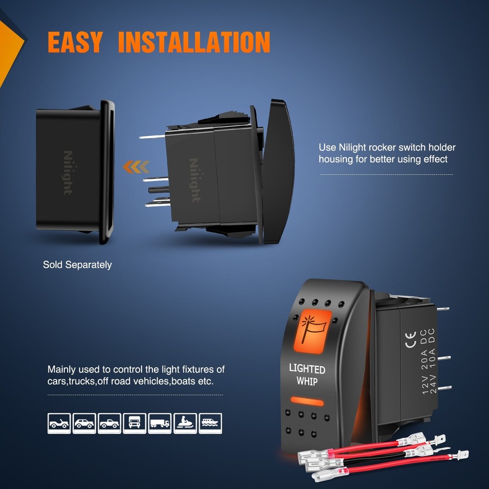 Nilight UTV Lighted Whip Rocker Switch On Off 5PIN SPST LED Light Bar ...