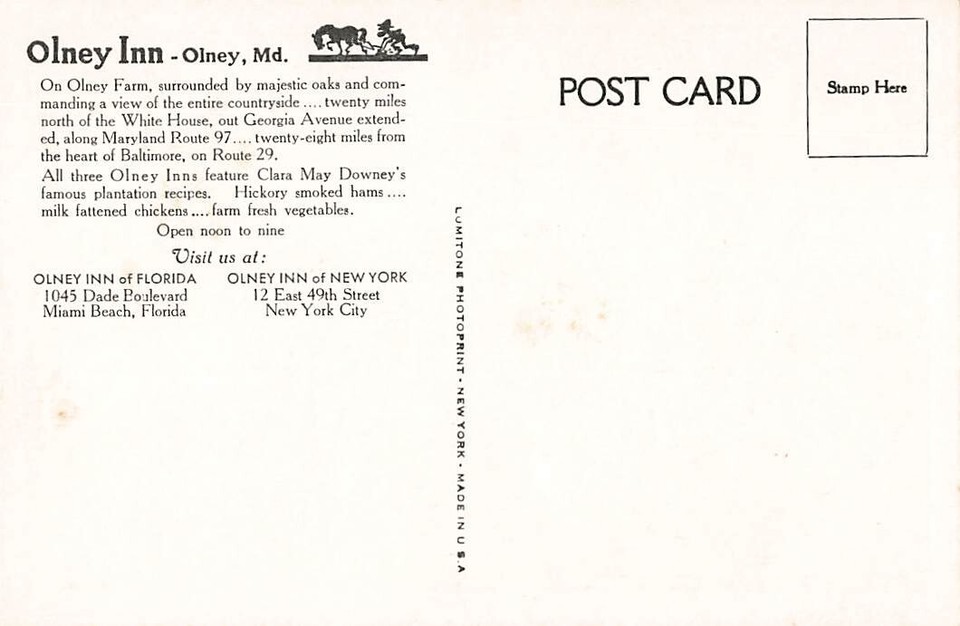 Postcard Olney Inn Maryland MD WB | eBay