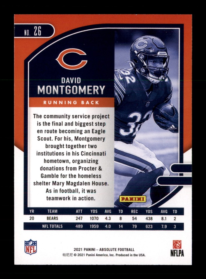 2021 Panini Absolute #26 David Montgomery Chicago Bears Football Card ...