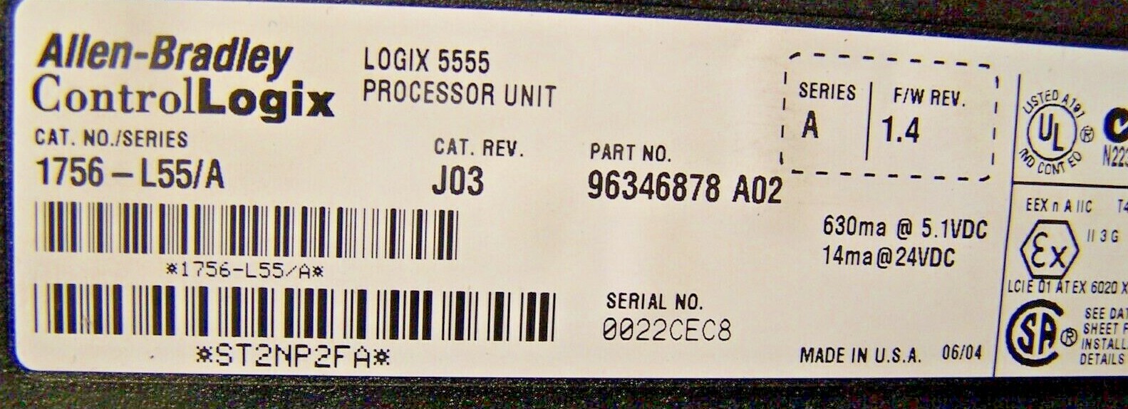 ALLEN BRADLEY 1756-L55/A CONTROLLOGIX LOGIX 5555 PROCESSOR UNIT J03 ...