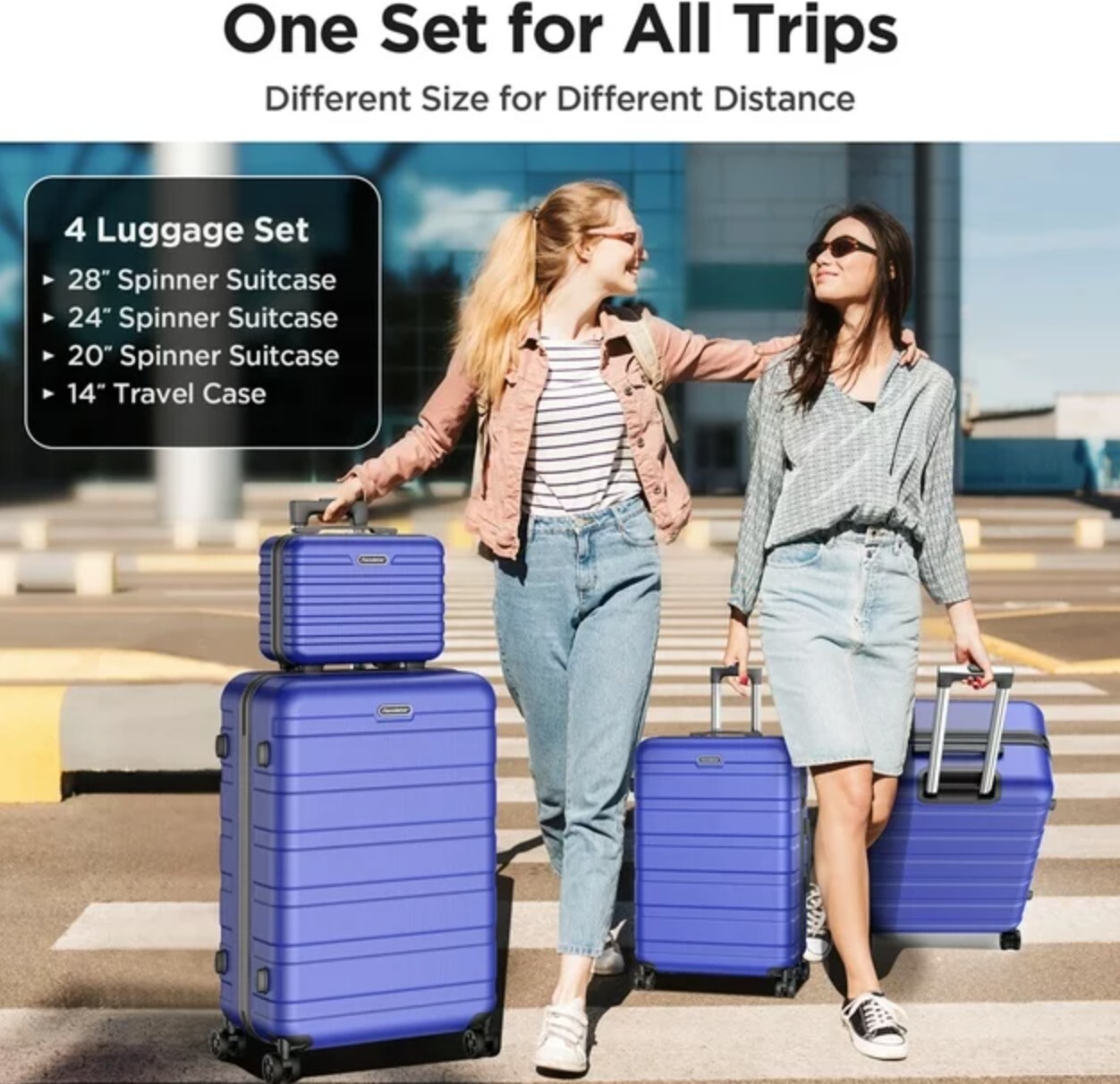 4 Piece Blue Carry On Luggage Suitcase Family Set Travel ABS Hardshell ...