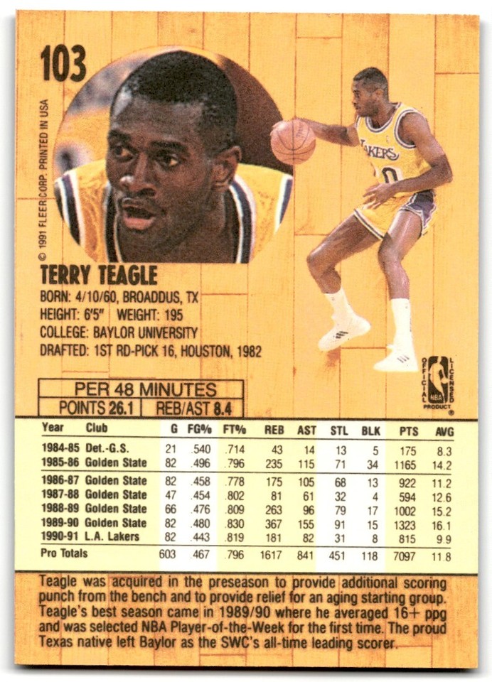 1991-92 Fleer Terry Teagle Los Angeles Lakers #103 | eBay