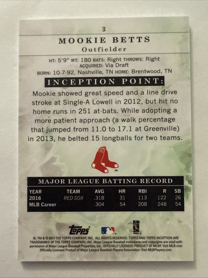 Mookie Betts 2017 Topps Inception Blue Variation Sp #23/25 Red Sox Nice ...