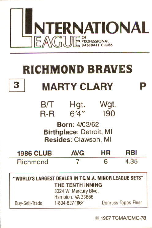 1987 Richmond Braves TCMA #3 Marty Clary Detroit Clawson Michigan ...