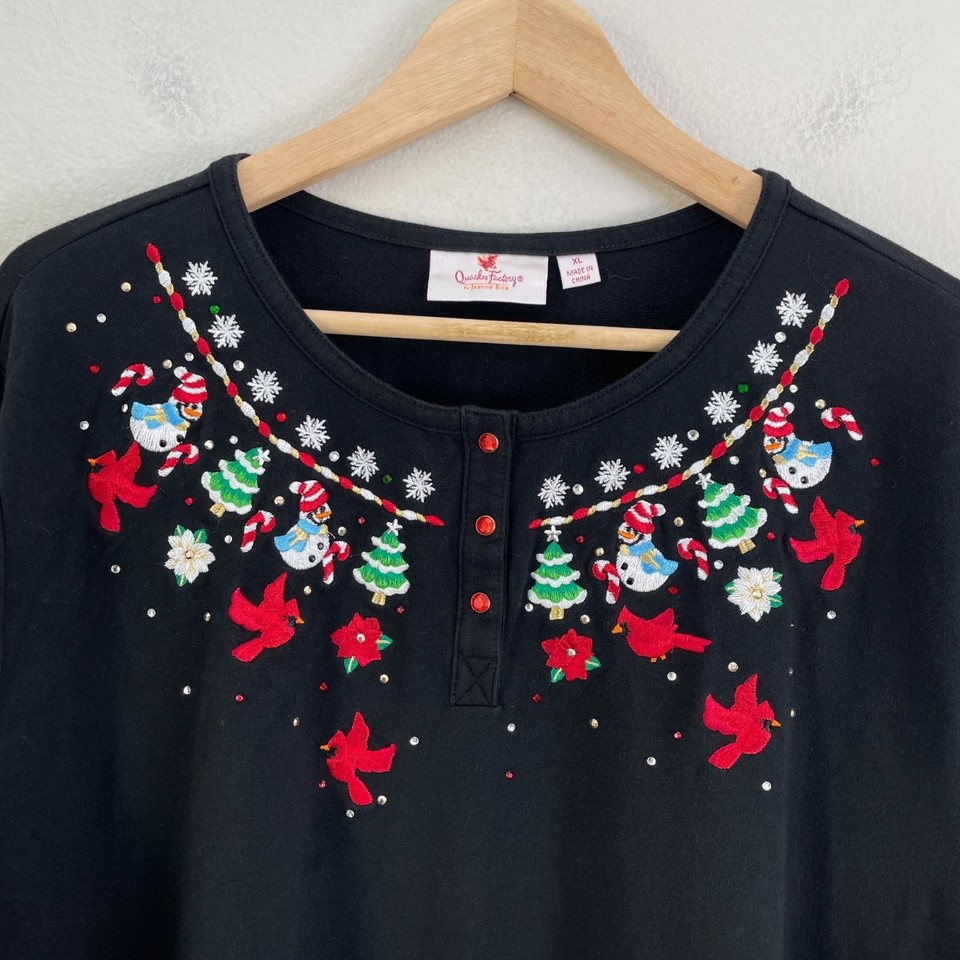 Quacker Factory Womens XL Holiday Embroidered Long Sleeve Top Black ...