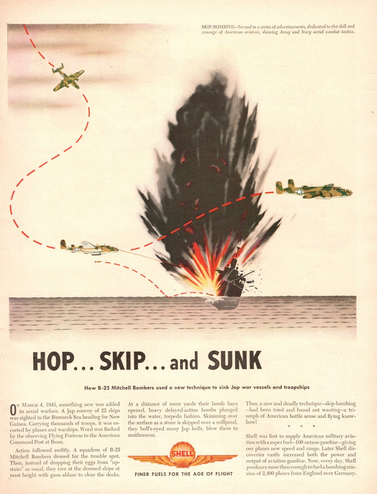 1943 WW2 Ad SHELL Aviation Gasoline , Skip Bombing by B-25 Mitchells ...