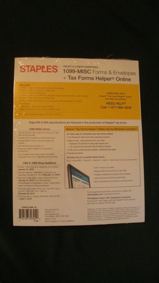 12 Pack Staples 2018 IRS Tax Forms Helper Online + 1099-Misc ...