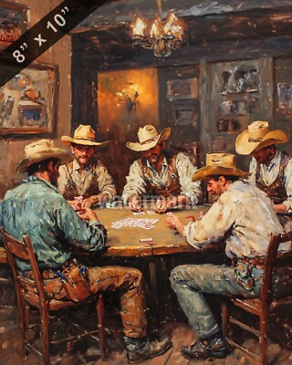 A group of cowboys playing cards in an old saloon oil Painting 8x10 ...