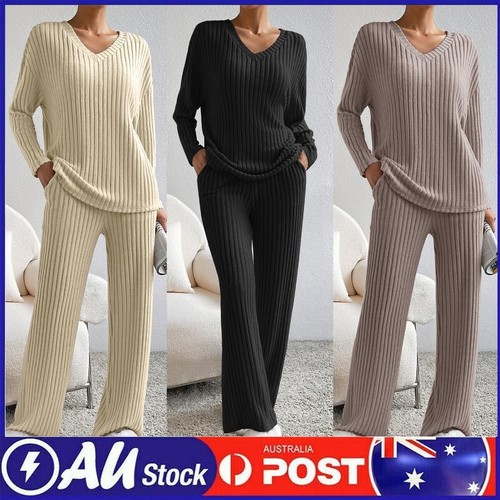 Women 2 Piece Matching Set Ribbed Tops Trouser Set Comfy Knit Chic ...