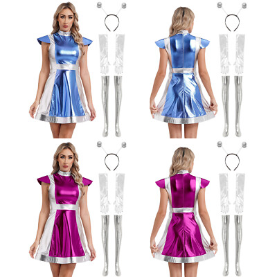 Womens Outfit Shiny Alien Costume Metallic Uniform Halloween Hair Hoop ...