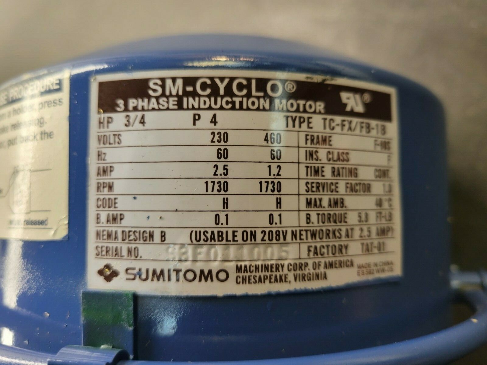 NEW Sumitomo SM-Cyclo Motor w/Gear Brake TC-FX/FB-1B CNFM08-6085YB-B-8 ...