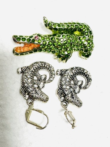 Alligator Green Rhinestone Brooch Pin Gator Silver Tone Earrings Lot Of ...