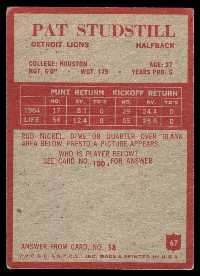 1965 Philadelphia Pat Studstill Rookie Detroit Lions #67 | eBay