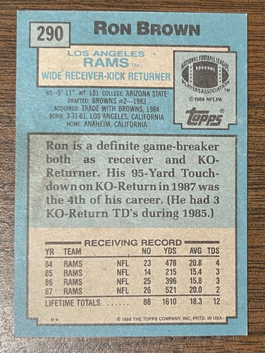 RON BROWN AUTOGRAPHED 1988 TOPPS FOOTBALL CARD # 290 LOS ANGELES RAMS ...