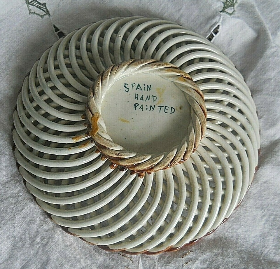 Vintage Ceramic Rope Weave Floral Dish / Plate Hand Painted w Stand ...