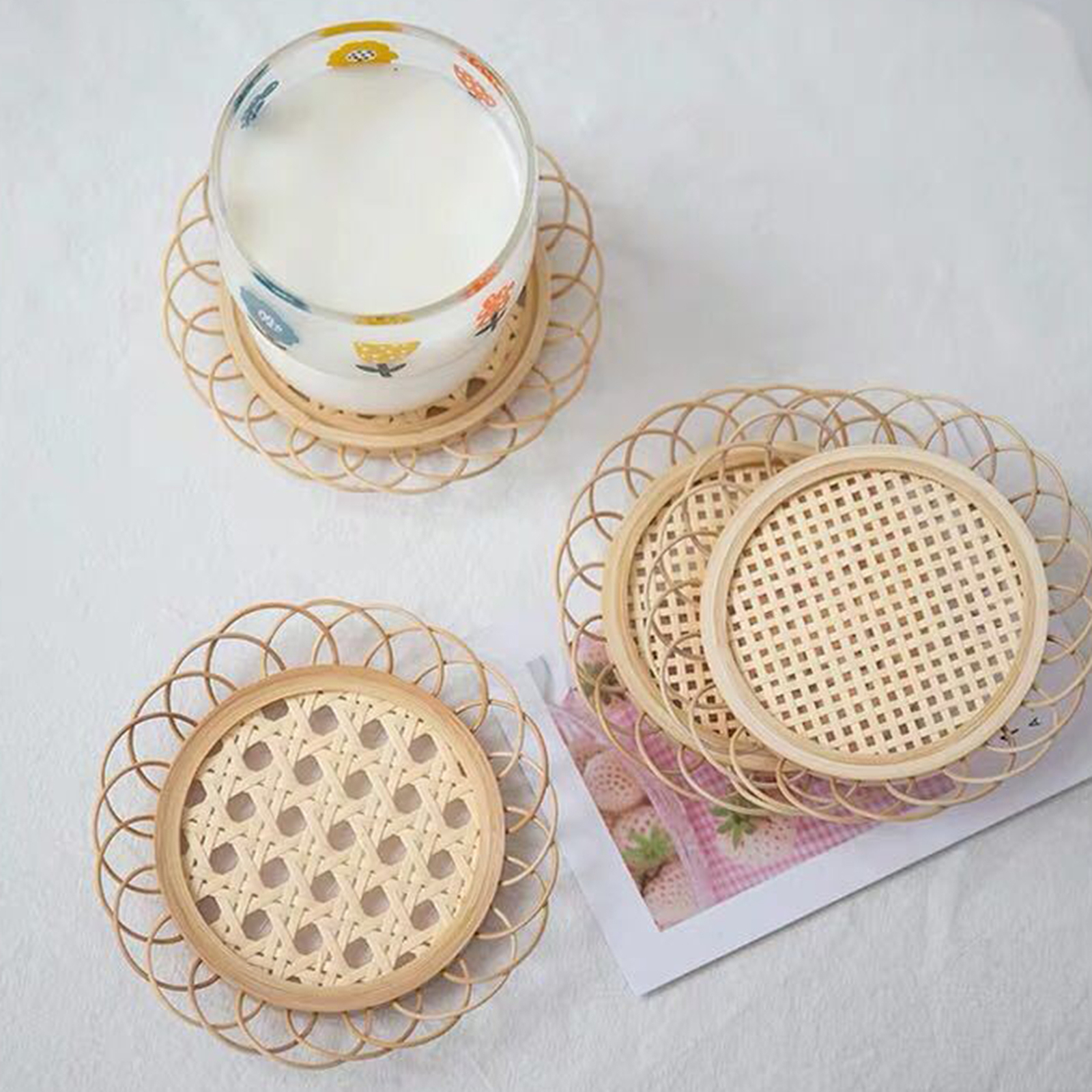 Boho Coasters Natural Non-slip Woven Bamboo Rattan Coasters Bamboo | eBay