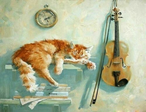 LMOP0338L Handmade Painted Sleeping Cat With Cello Art Oil Painting On ...