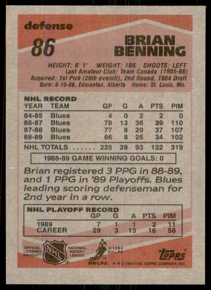 1989-90 TOPPS BRIAN BENNING ST. LOUIS BLUES #86 | eBay