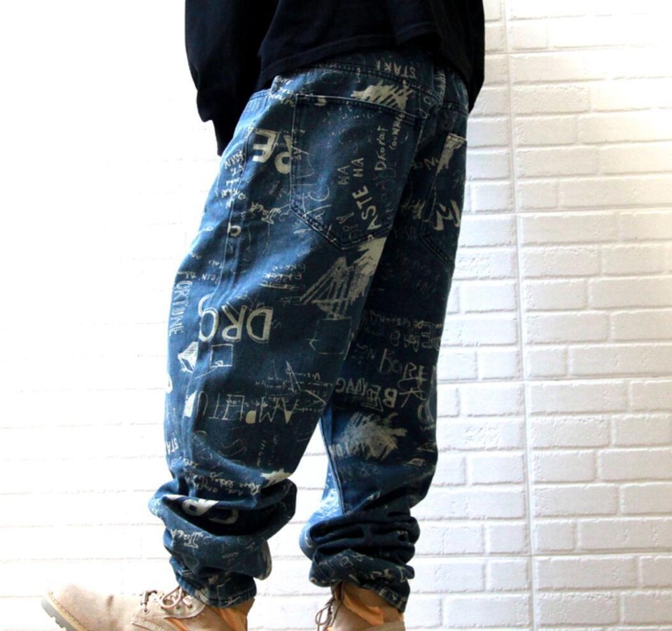 Men Blue Black Denim Letter Printed Straight Loose Fit Punk Jeans Pants ...