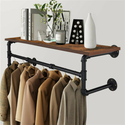 Clothes Rail Wall Garment Hanging Rack Shelf Wardorbe Hooks W/ Wooden ...