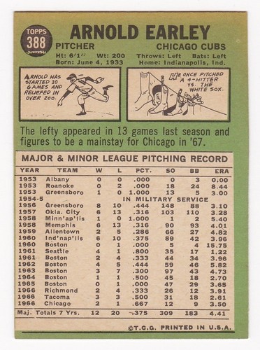 ARNOLD EARLEY 1967 Topps Baseball # 388 Chicago Cubs Ex Plus | eBay.de