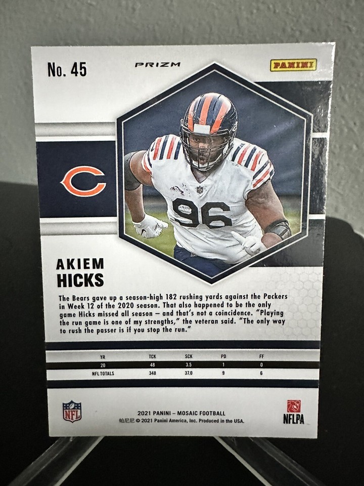 2021 Panini Mosaic NFL Football Akiem Hicks #45 Green Prizm Chicago ...