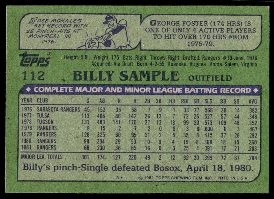 1982 Topps 112 Billy Sample Texas Rangers Baseball Card | eBay