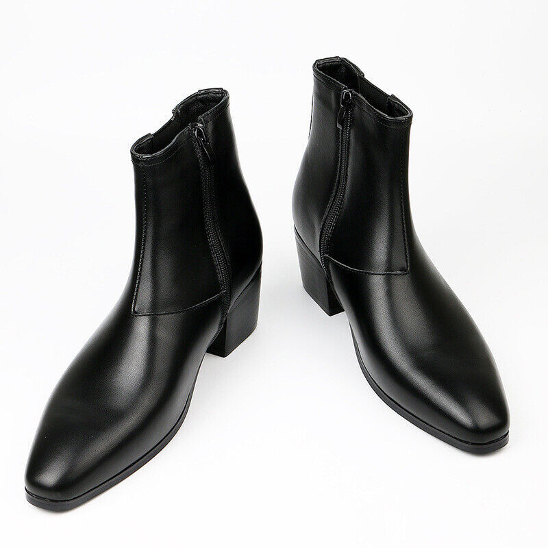 Men's Pointed Toe Chelsea Boots Cuban Heels High Top Formal Dress Ankle ...