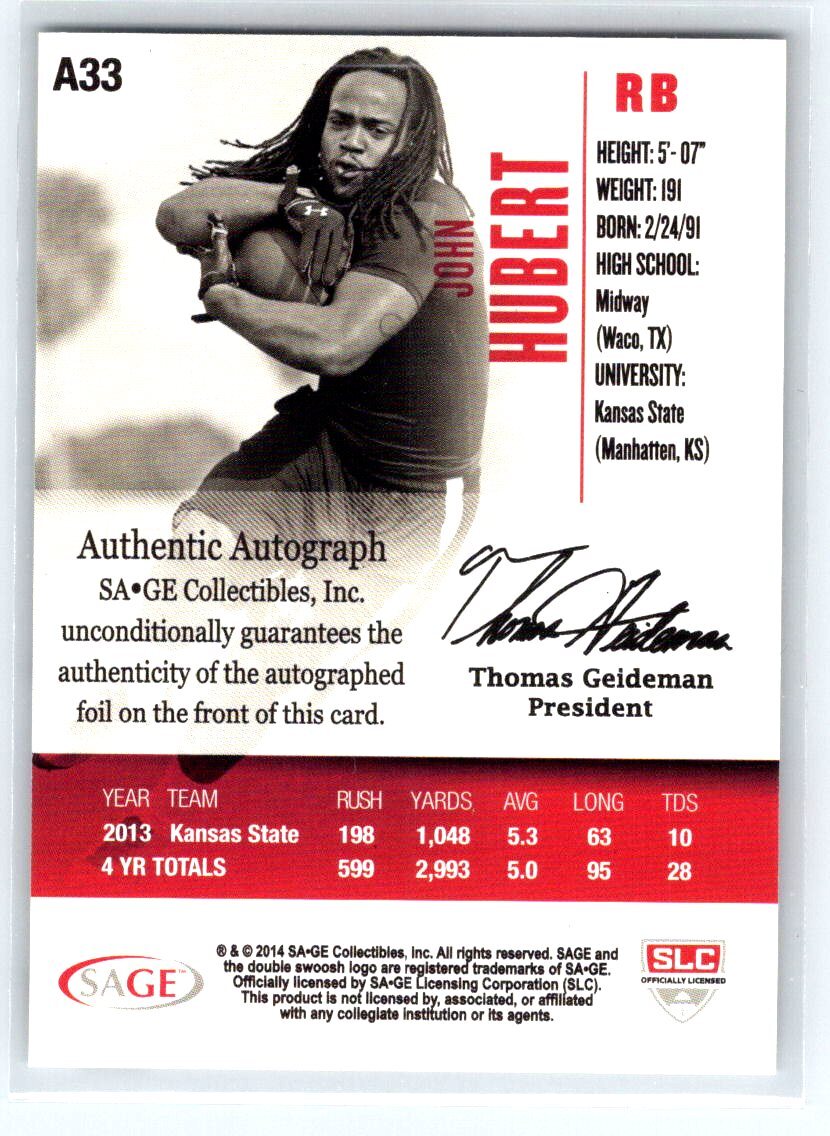 2014 SAGE Hit - Autographs Black #A33 John Hubert (AU, RC) for sale ...