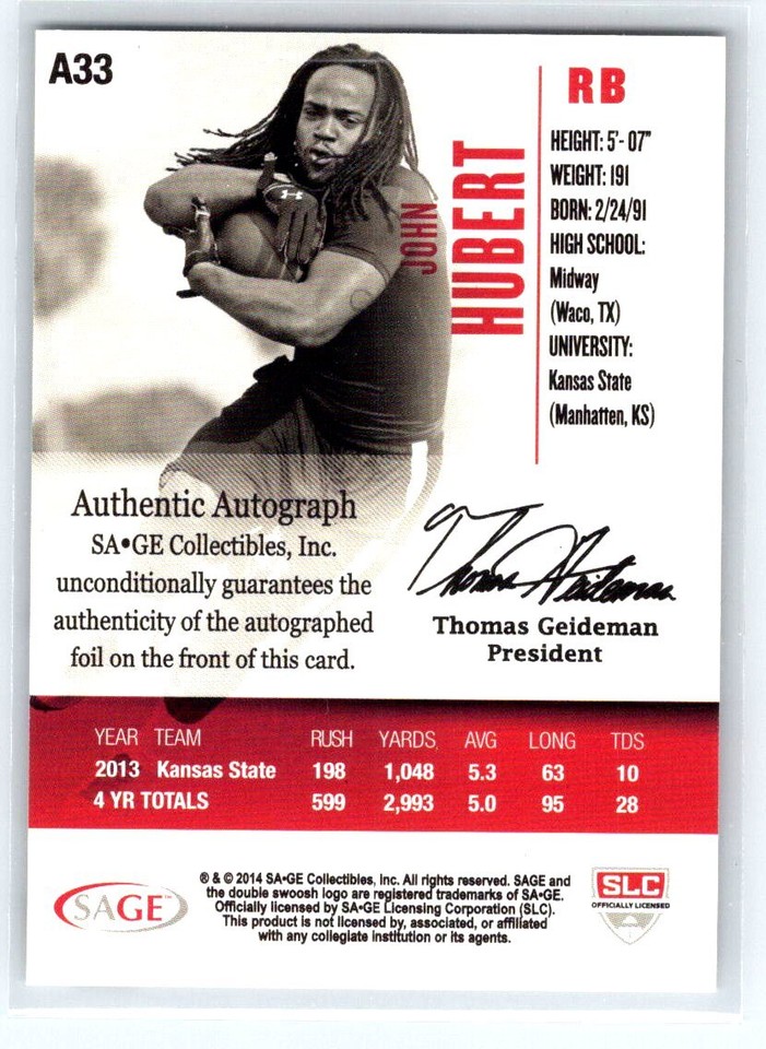 2014 SAGE HIT #A33 John Hubert Auto Autograph Signed Black KANASA STATE ...