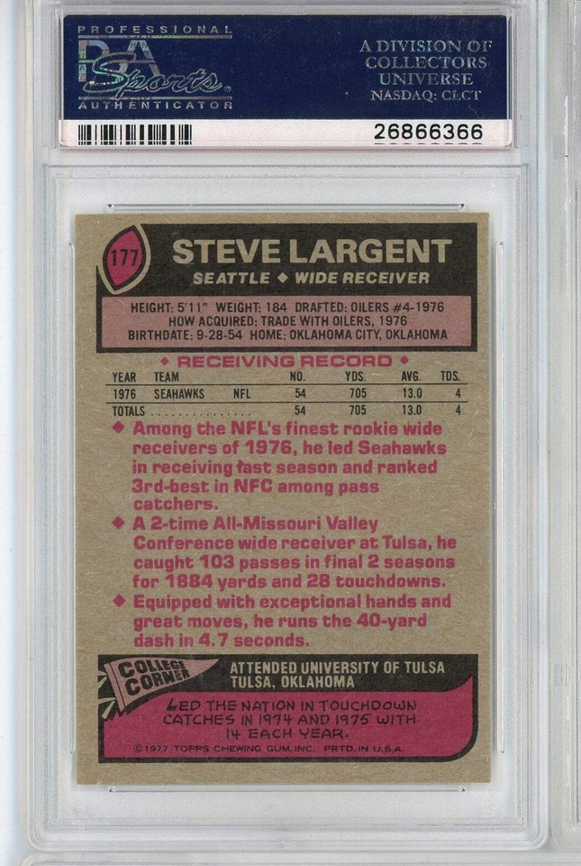 Graded 1977 Topps Steve Largent #177 Rookie RC Football Card PSA 9 Mint ...
