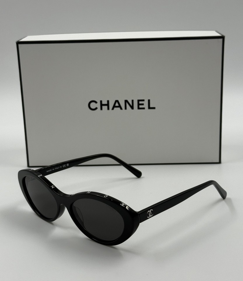 NEW CHANEL 5416 Oval Black Acetate & Gray Lens Sunglasses 100% ...