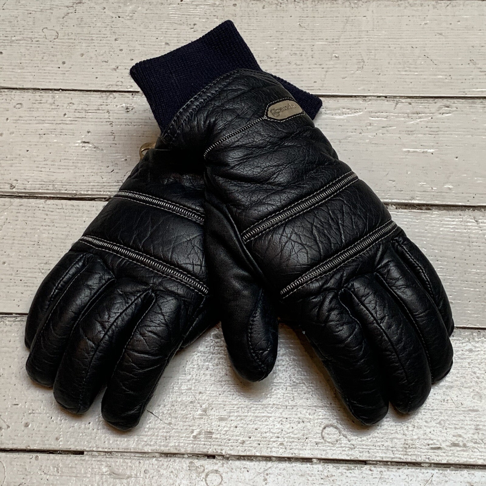 Vintage Grandoe Navy Blue Leather Ski Gloves Size Womans Small | eBay