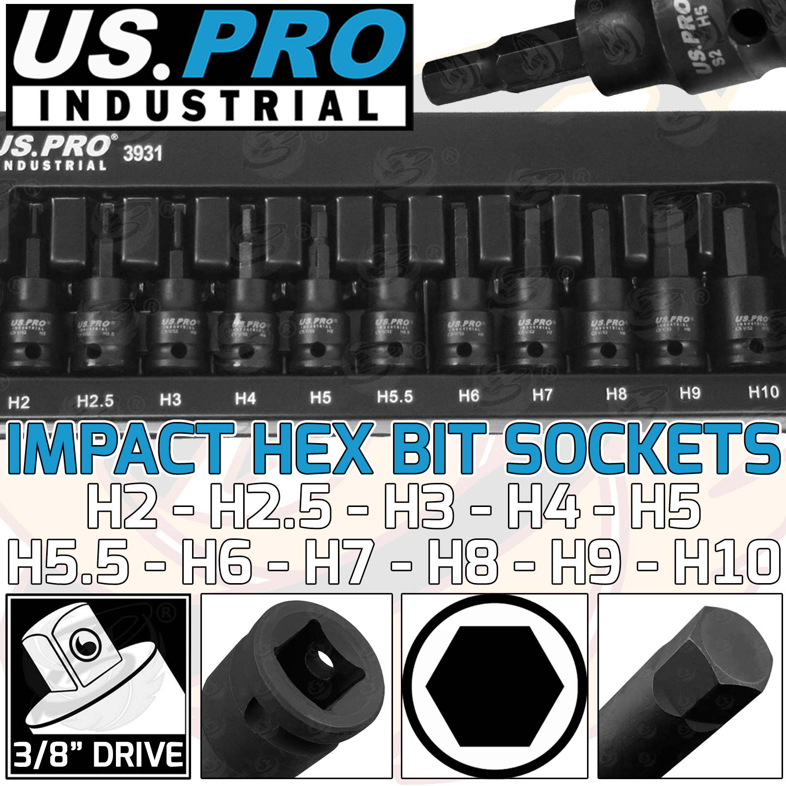 US PRO IMPACT HEX BIT Sockets Set 3/8" Drive Impact H2 To H10 Allen Key ...