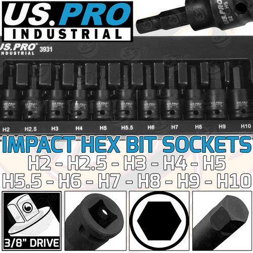 US PRO IMPACT HEX BIT Sockets Set 3/8" Drive Impact H2 To H10 Allen Key ...