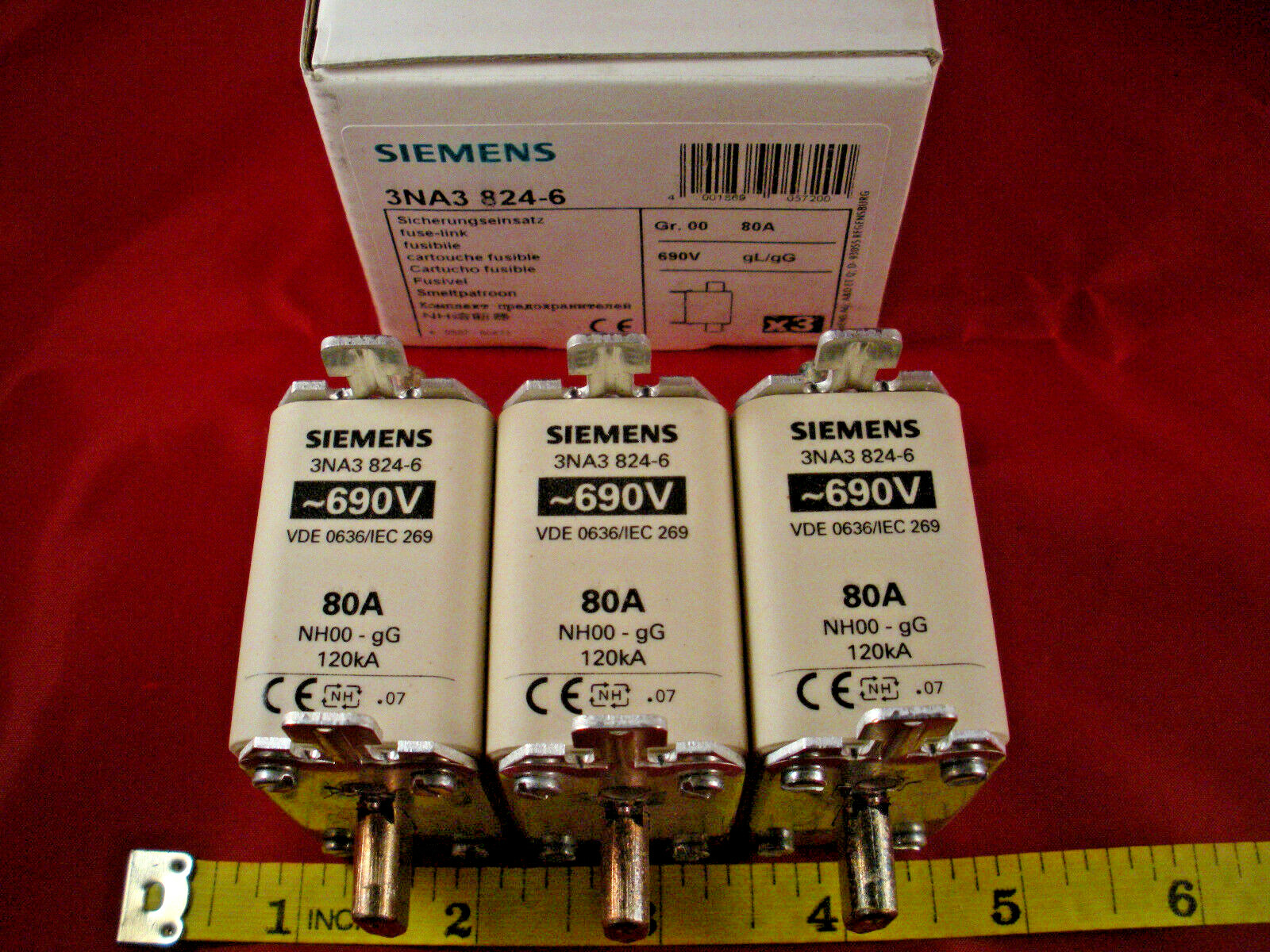 Siemens 3NA3 824-6 Lot of (3) Fuse Link 690v 80a VDE 0636/IEC 269 NH00 ...