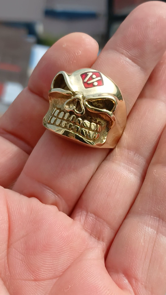 MENS BRASS WINKING GNOME OUTLAW BIKER RING 1% PERCENTER SYMBOL RED SIZE ...