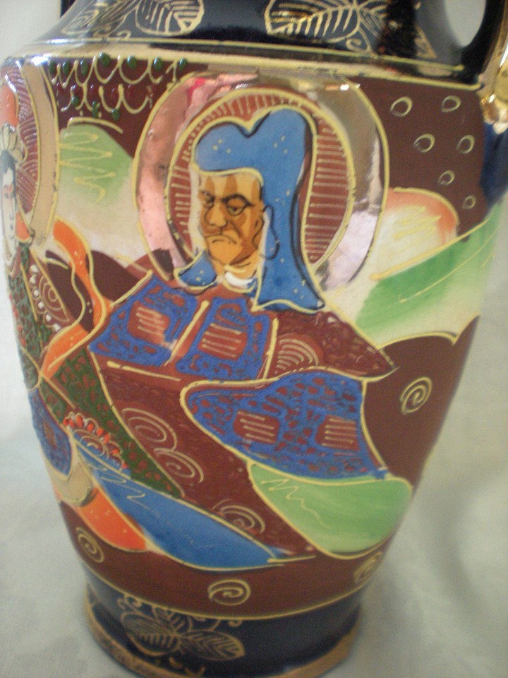 Japanese Satsuma Moriage Vase Hand Painted Cobalt Blue with Handles | eBay
