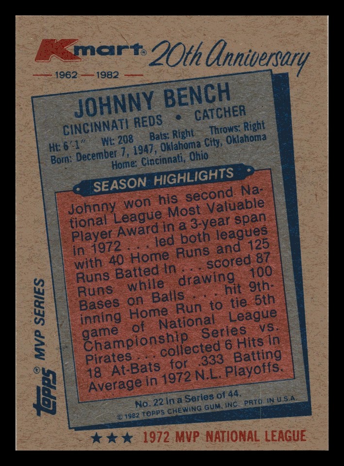 1982 Topps Kmart 20th Anniversary Johnny Bench HOF #22 NM-MINT | eBay